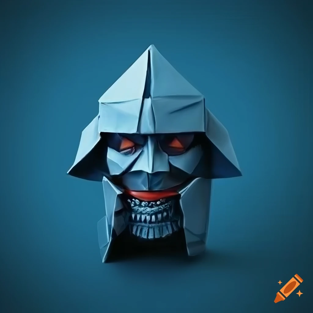 High poly origami samurai head on blue wood background on Craiyon