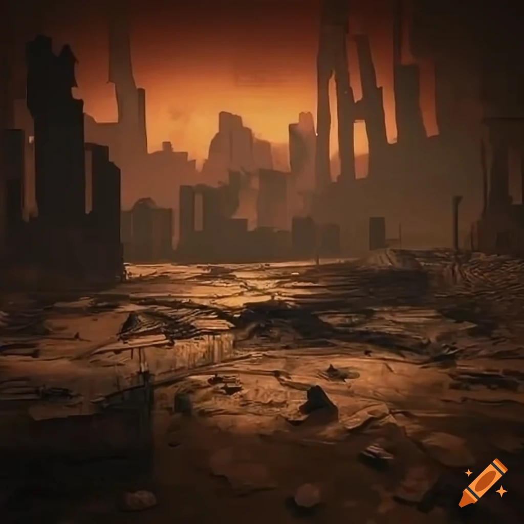 Desolate landscape after global catastrophe with crumbling ruins and ...