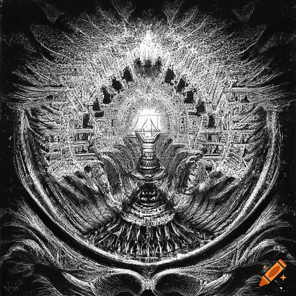 Ethereal hall of cosmic contemplation with two towering figures ...