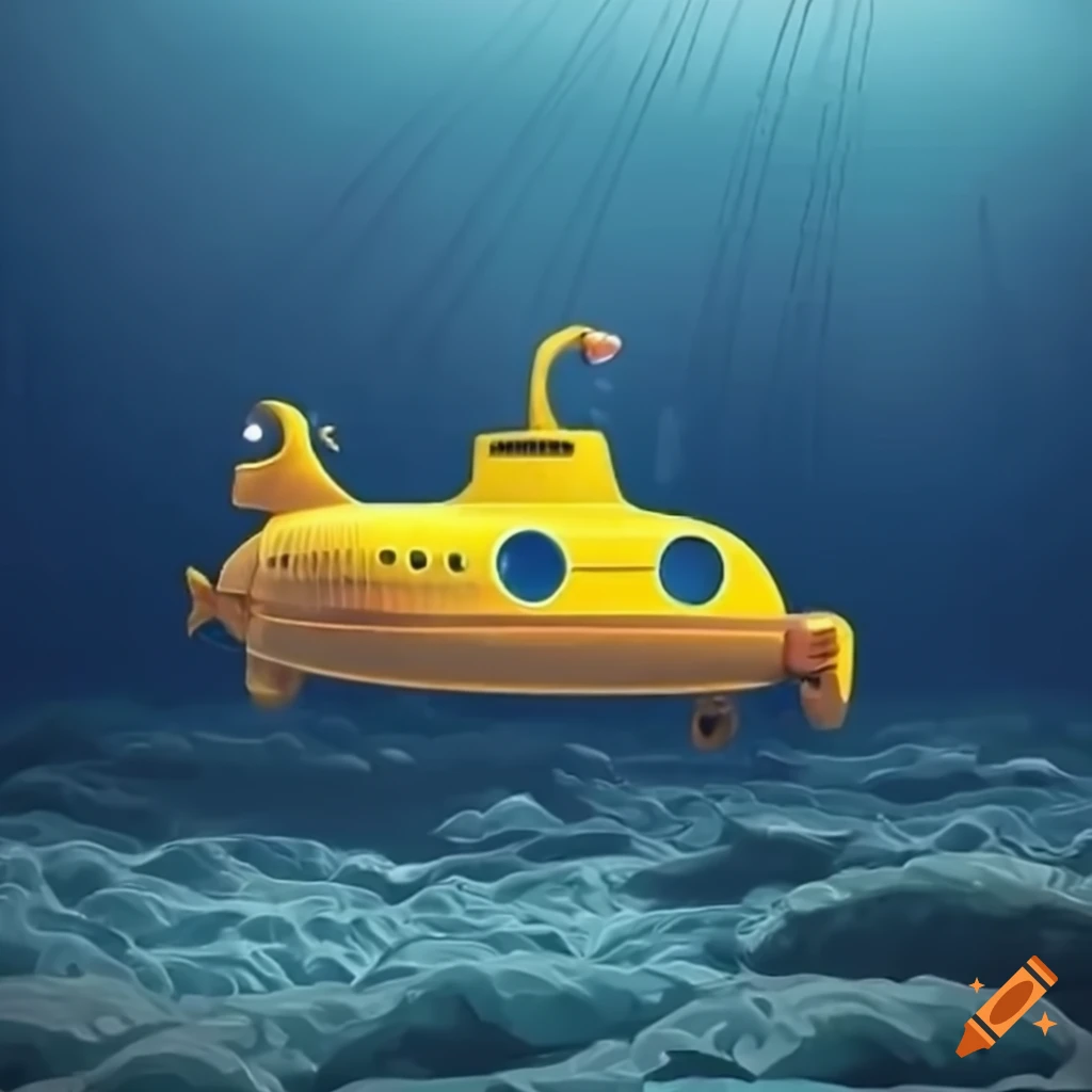 Yellow submarine with 3 windows in deep blue sea in animated style on ...