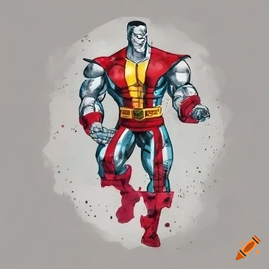 X-man colossus striking a heroic pose in watercolor style on Craiyon
