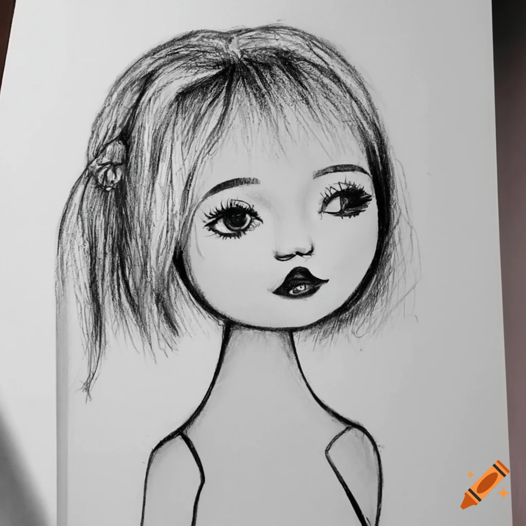 Black and white pencil drawing of a whimsical girl with a round face ...