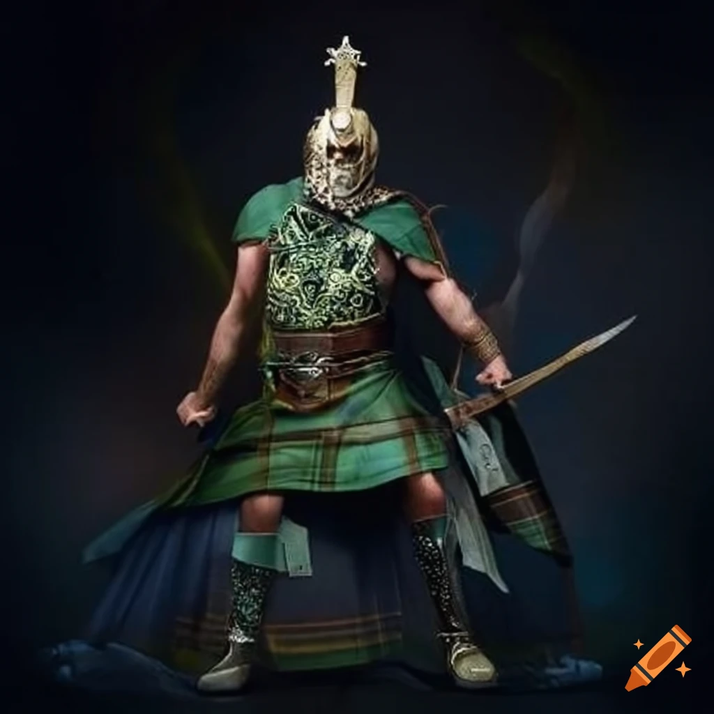 Celebrated Celtic hero in a great kilt with victorious warrior pose on ...