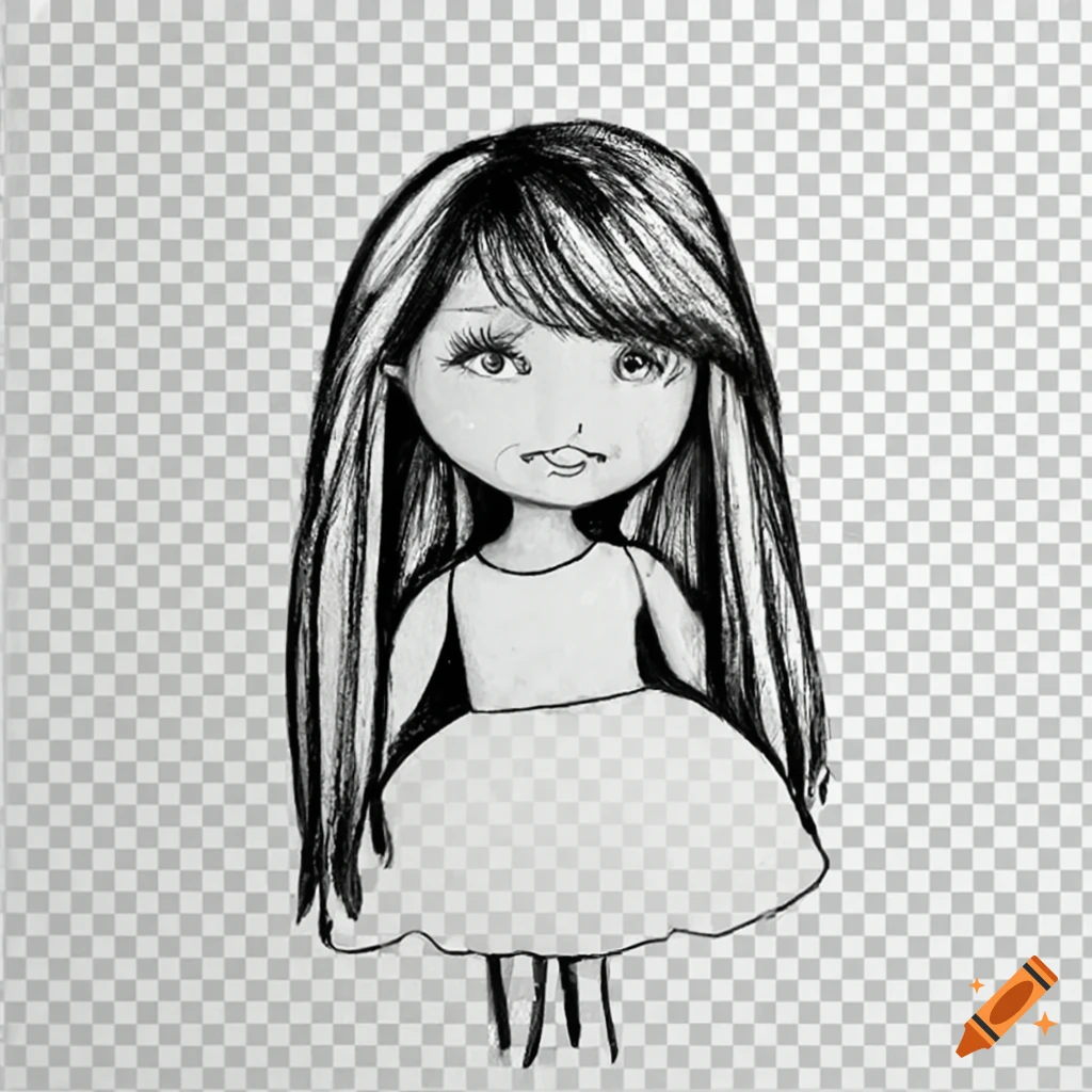 Black and white whimsical drawing of a smiling girl with a round face ...