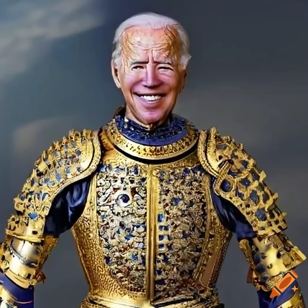 President biden depicted as a powerful king in golden armor symbolizing authority on Craiyon