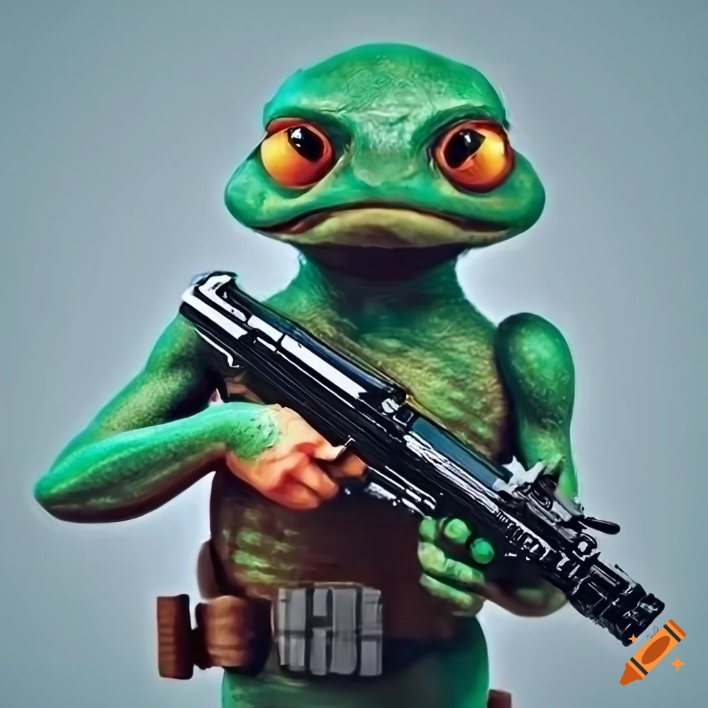 Alien frog soldier with a laser gun and elf hat in a 1980s space ...