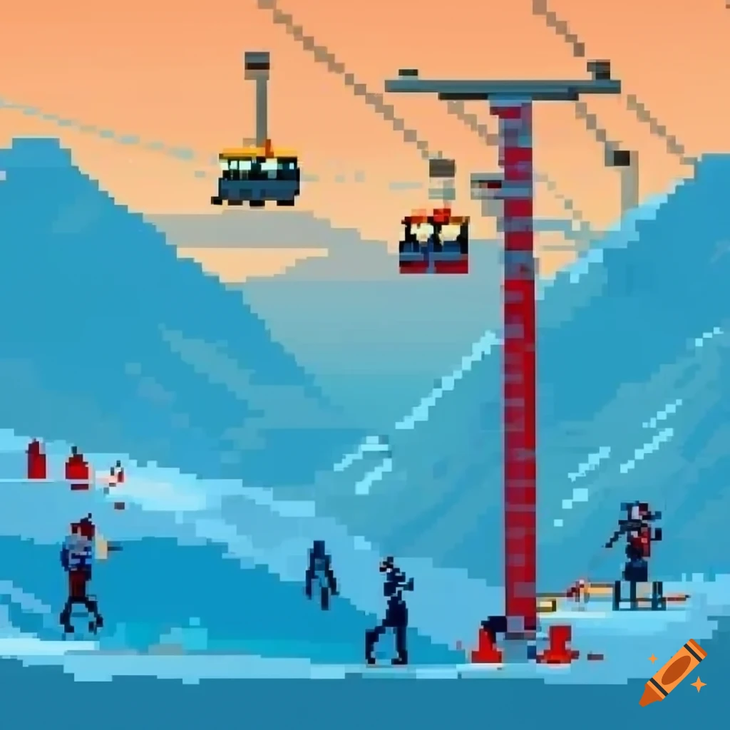 Pixel art of people skiing with a lift in the background on Craiyon