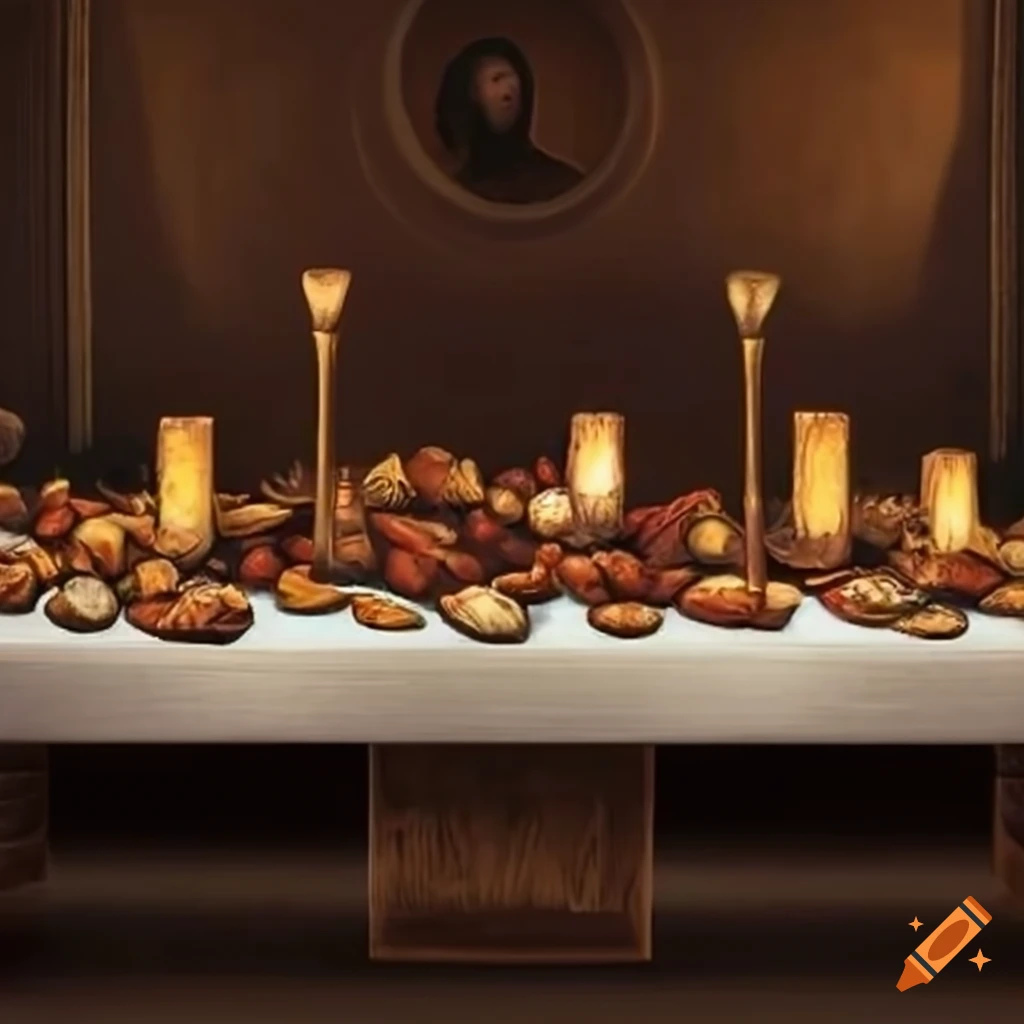 Realistic depiction of the Last Supper table with no people on Craiyon