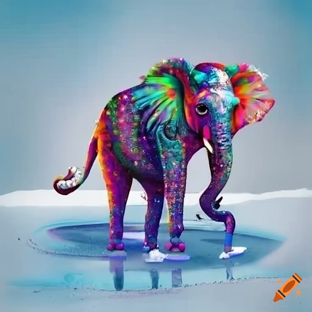 Sparkly elephant ice skating on a frozen pond on Craiyon