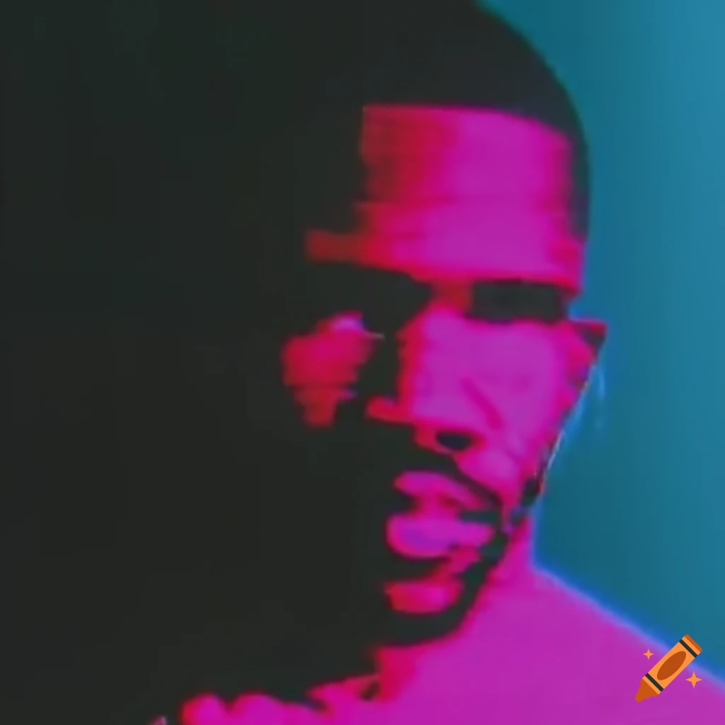 Close up of frank ocean in pink lighting with vhs static overlay on Craiyon