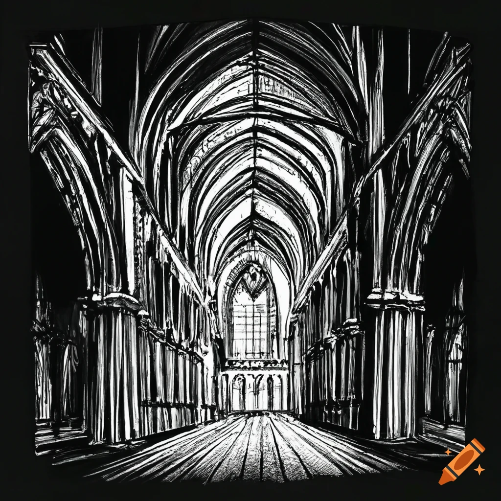 Architectural ink drawing of cathedral interior on black background on ...
