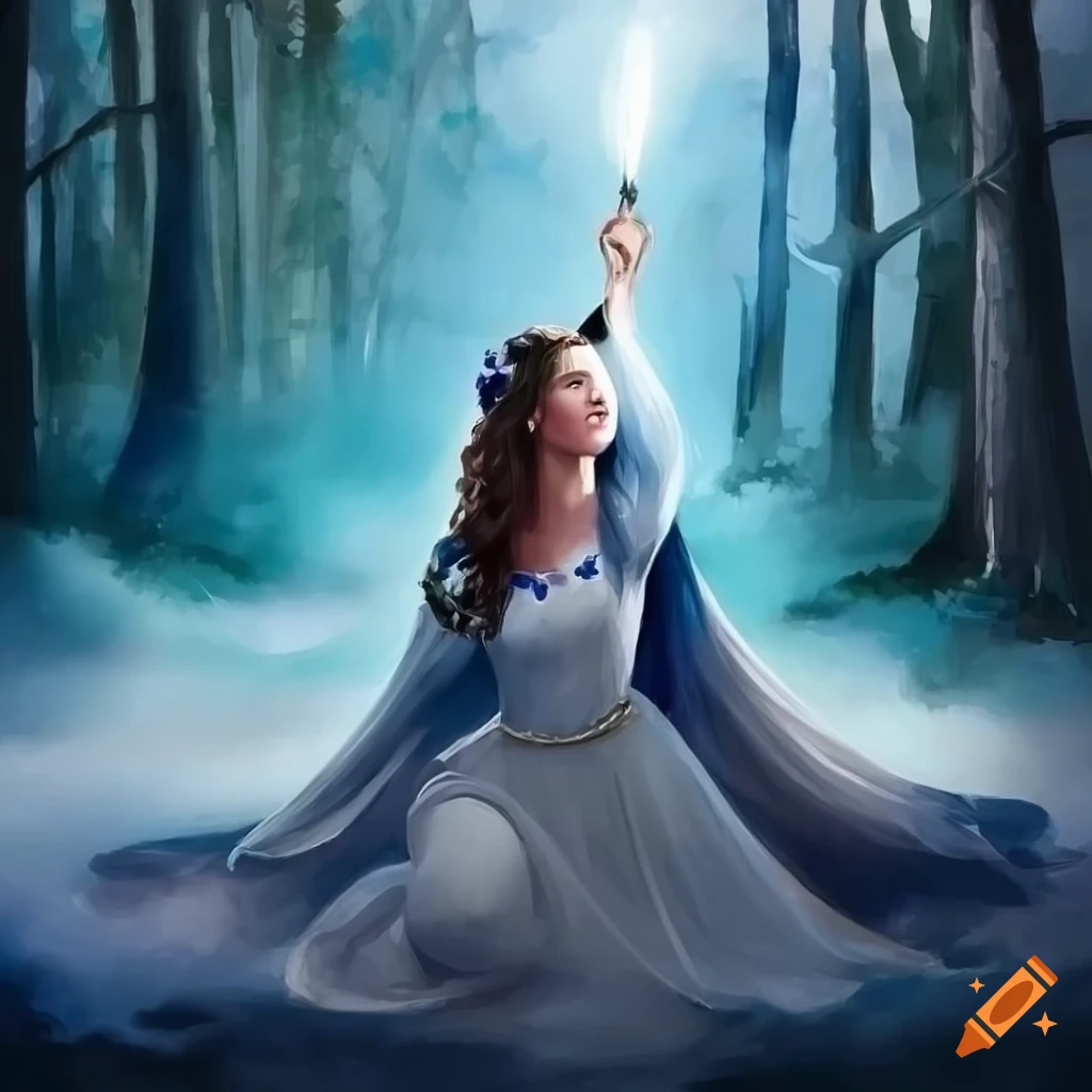 Mid-age princess with silver sword kneeling in a gentle light forest on ...