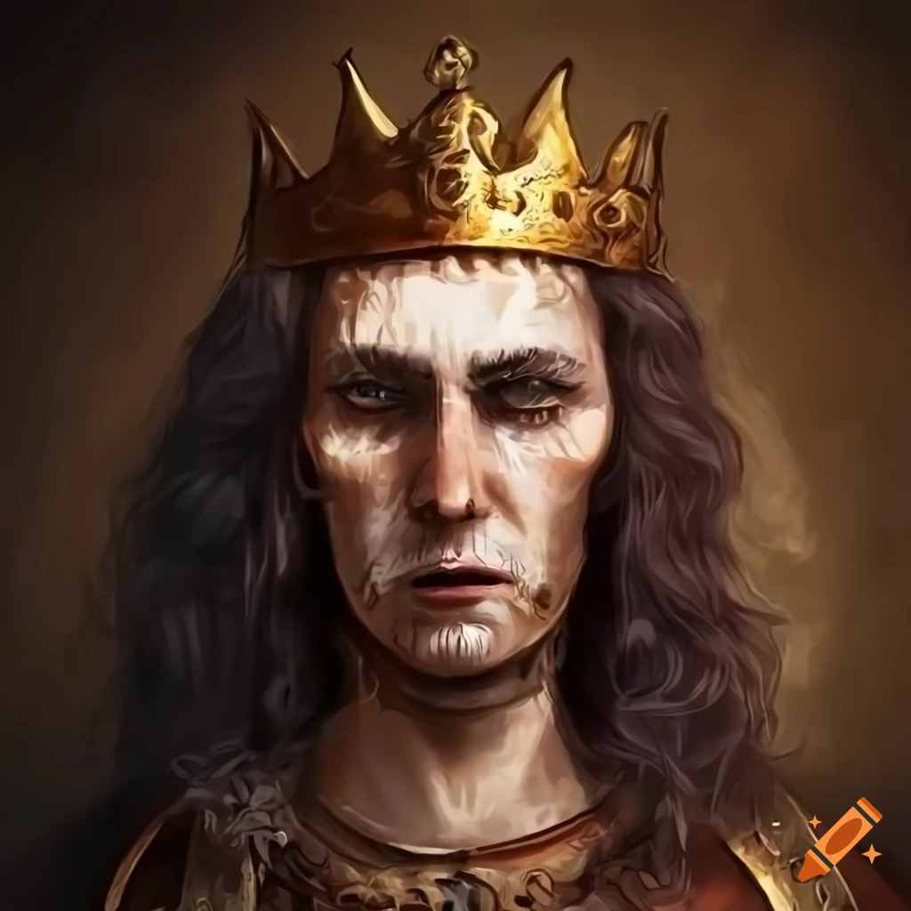 Portrait of a medieval lord character with a symbol of greed on Craiyon