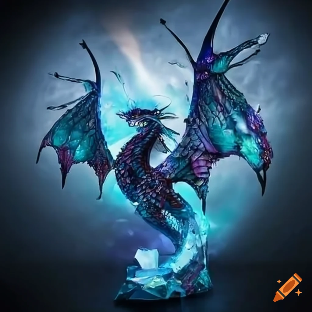 Mythical dragon made of radiant crystals flying above a tornado on Craiyon