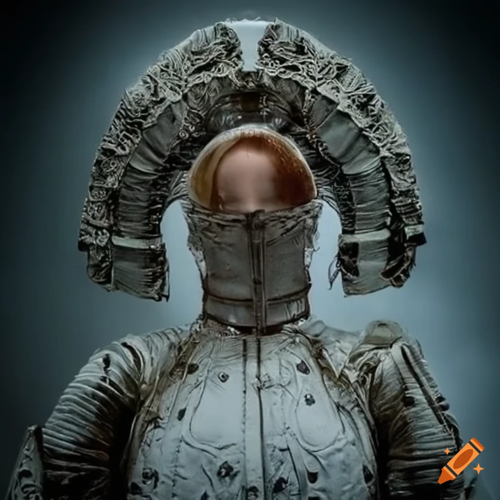 Victorian-era insect mother in an intricate space suit on Craiyon