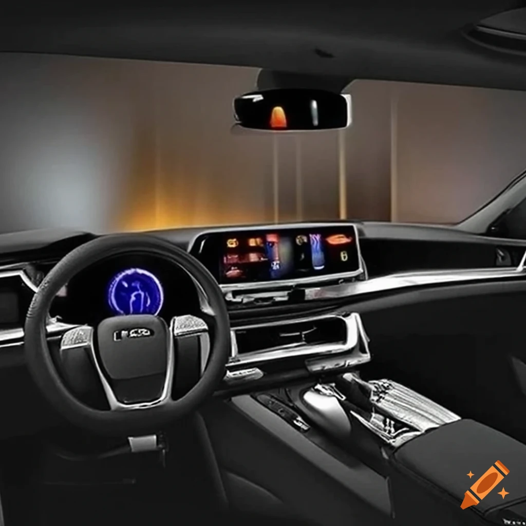 Car interior with front touch glass projection system displaying night ...
