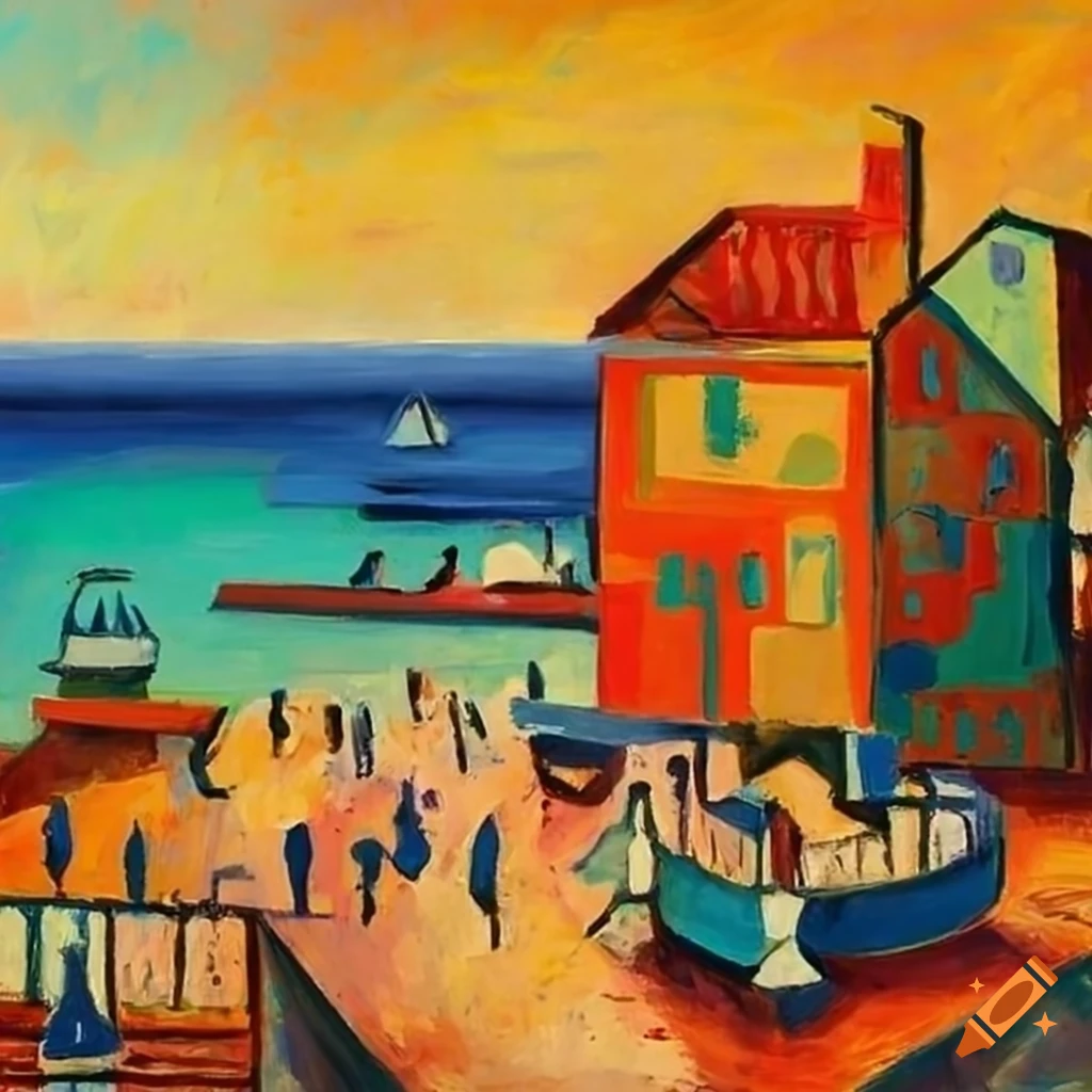 Picasso masterpiece of a vibrant seaside scene on Craiyon