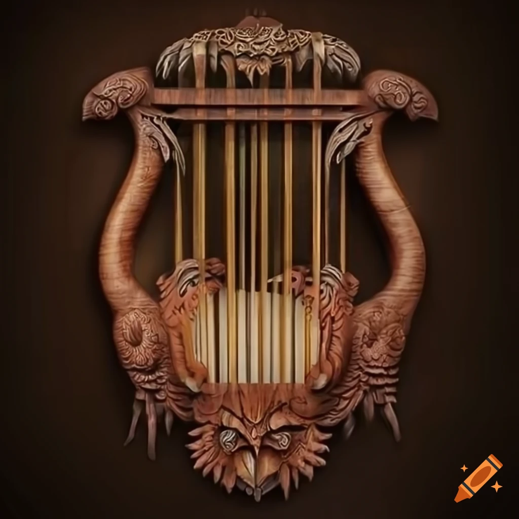 Mythical wooden lyre with intricately carved owlbears in digital ...