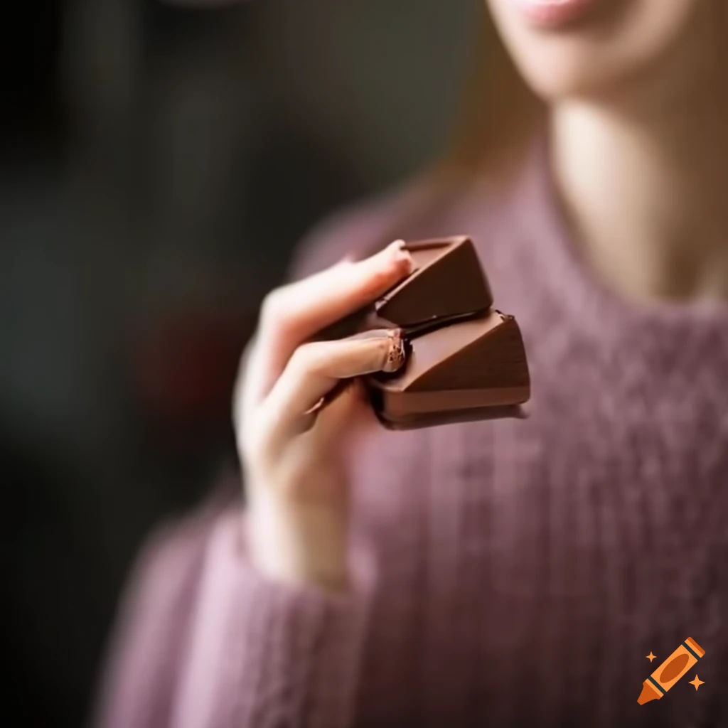 Person wearing light pink wool sweater eating chocolate at the office ...