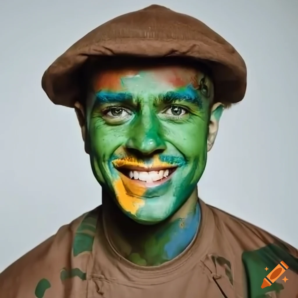 Man smiling with painted army colors on his face on Craiyon