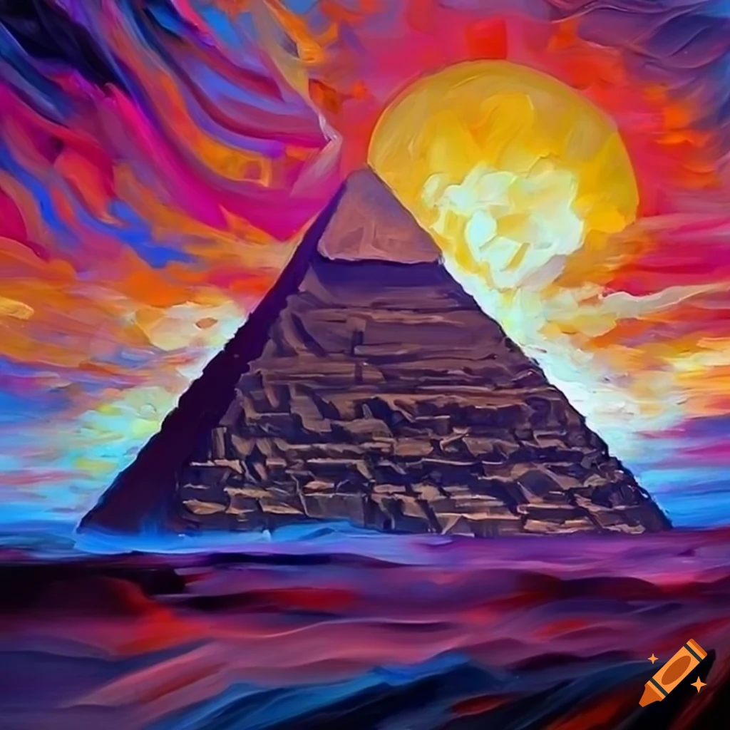 Pyramids at sunset in vibrant oil painting on Craiyon