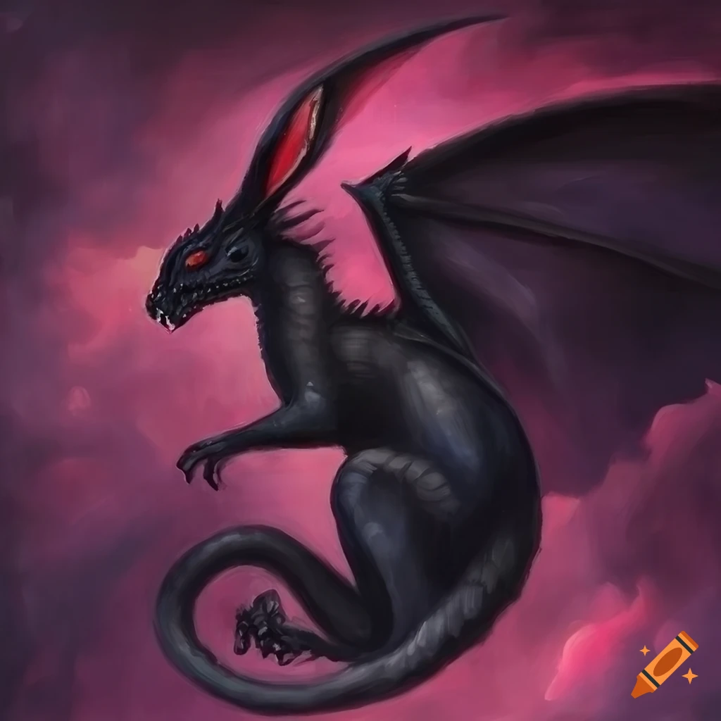 Biblical oil painting of a unique black rabbit-dragon hybrid flying in ...