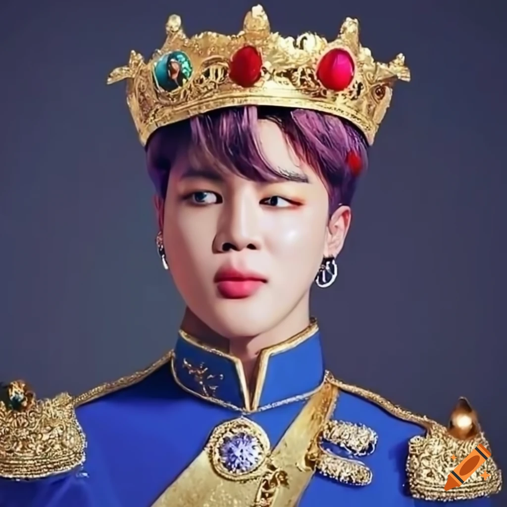 Jimin dressed as a prince with a golden crown on Craiyon