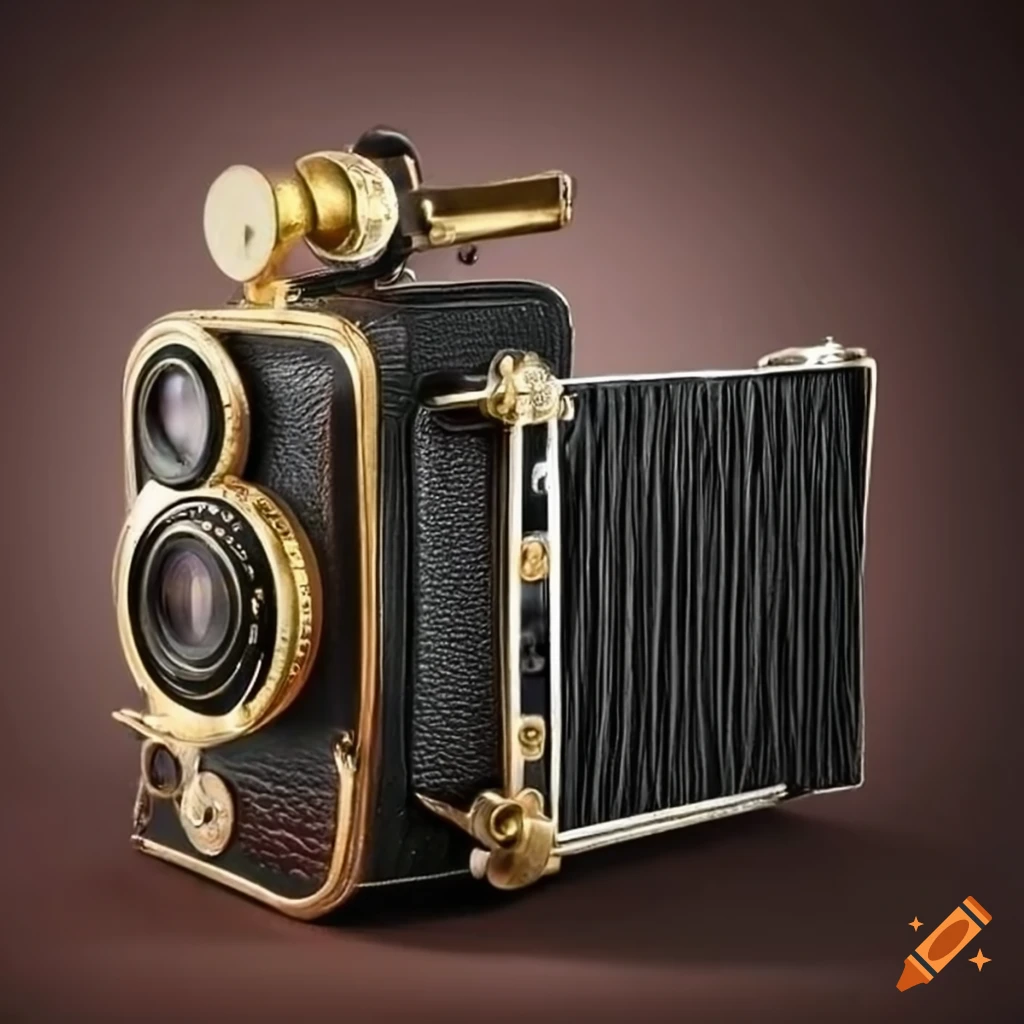 Vintage 1920s movie camera with leather casing and brass lenses on Craiyon