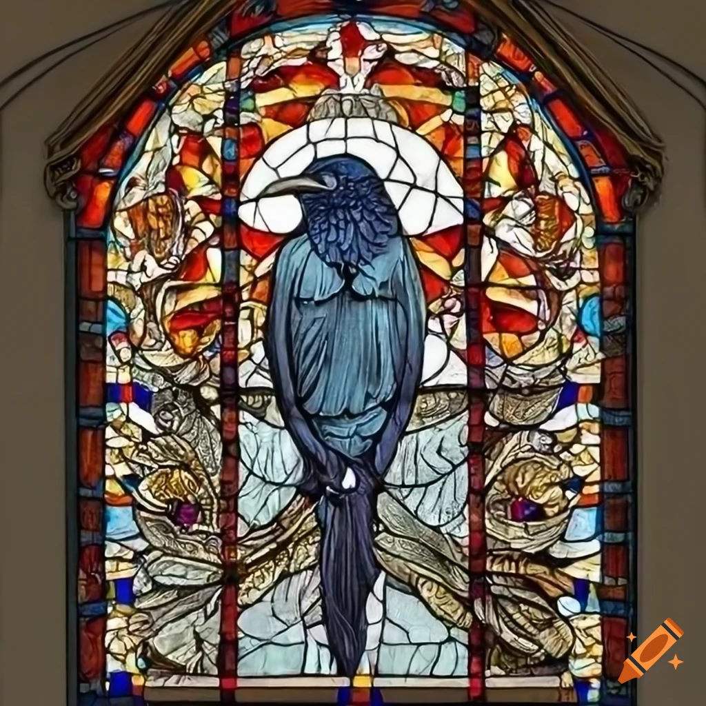 Revered crow deity in intricate stained glass design on Craiyon