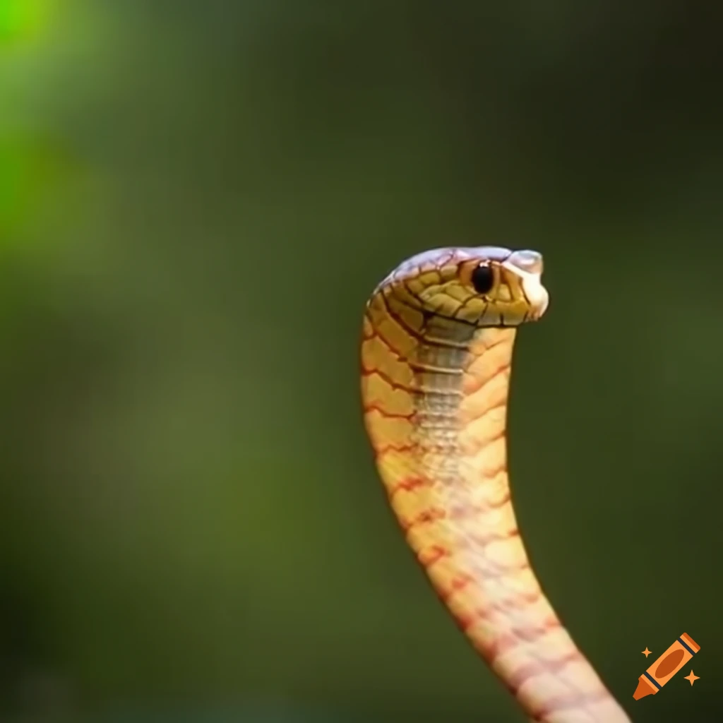 Elongated cobra snake slithering in a lush rainforest on Craiyon