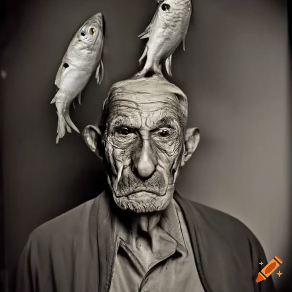 Elderly men with fish on their heads on Craiyon