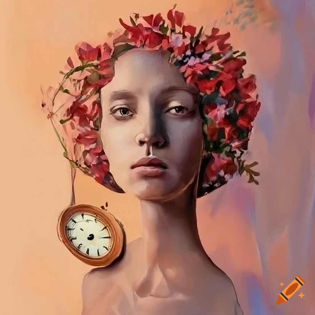 Abstract art with strong colors, a clock made of sandstone, and a ...