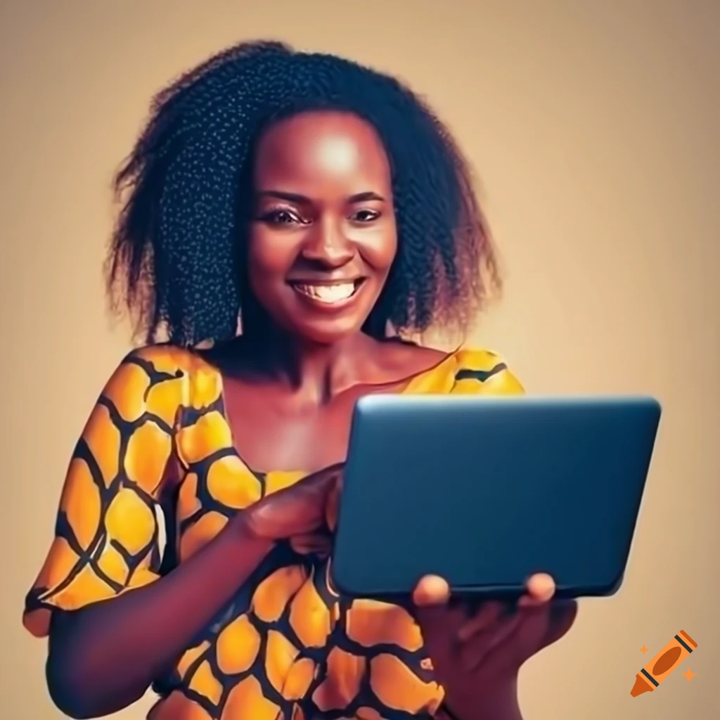 Smiling rural african woman learning to type on a laptop on Craiyon