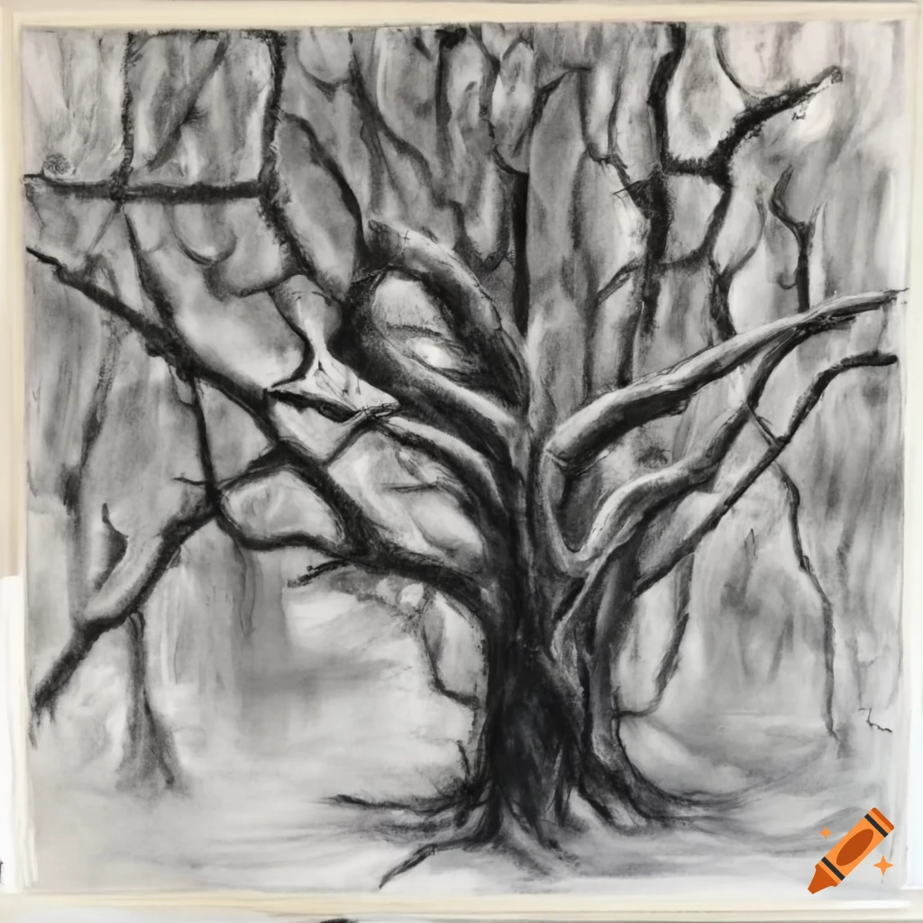 Dry apple tree in forest clearing charcoal drawing on Craiyon