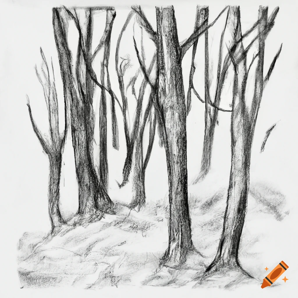 Dry forest depicted in charcoal drawing in black and white on Craiyon