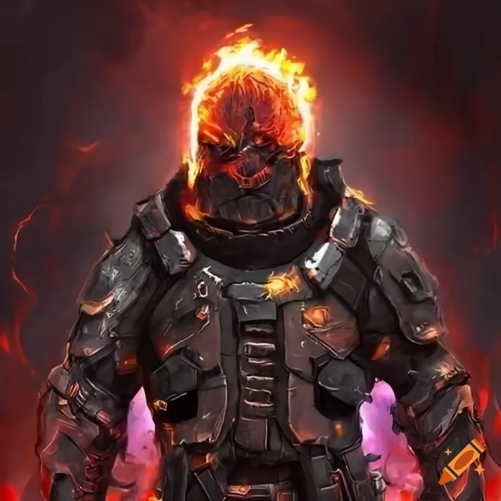 Burning cyberpunk soldier in dark armor on Craiyon