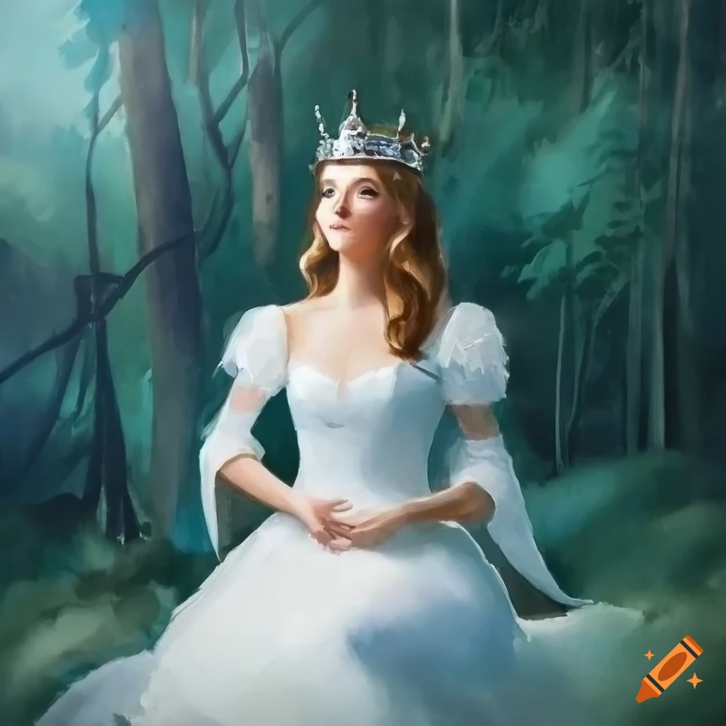 Mid-age princess in white dress and silver crown holding a sword in a ...