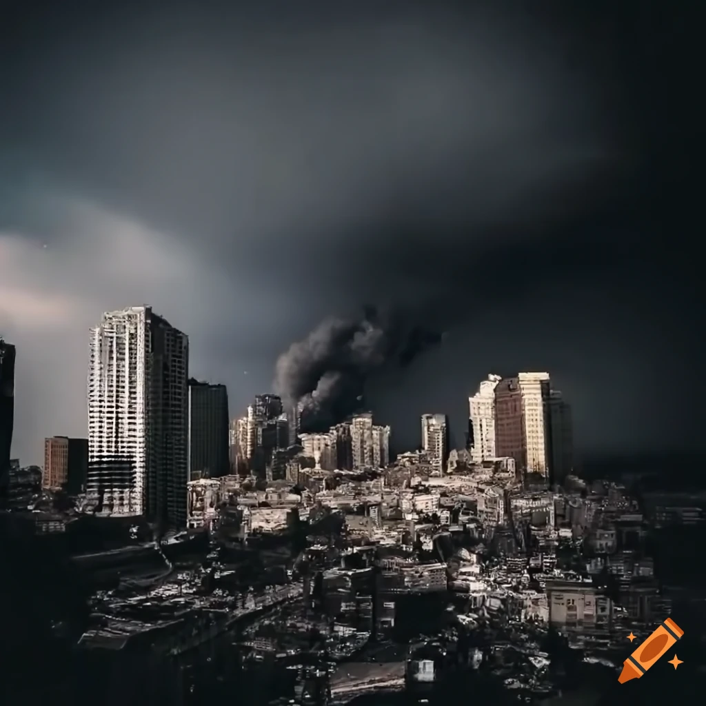 Dramatic apocalyptic cityscape with leaning buildings after disaster on ...