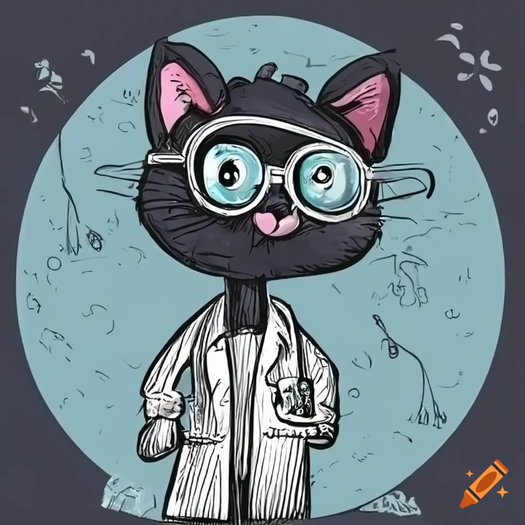 Cartoon black cat scientist in lab coat and safety goggles on Craiyon