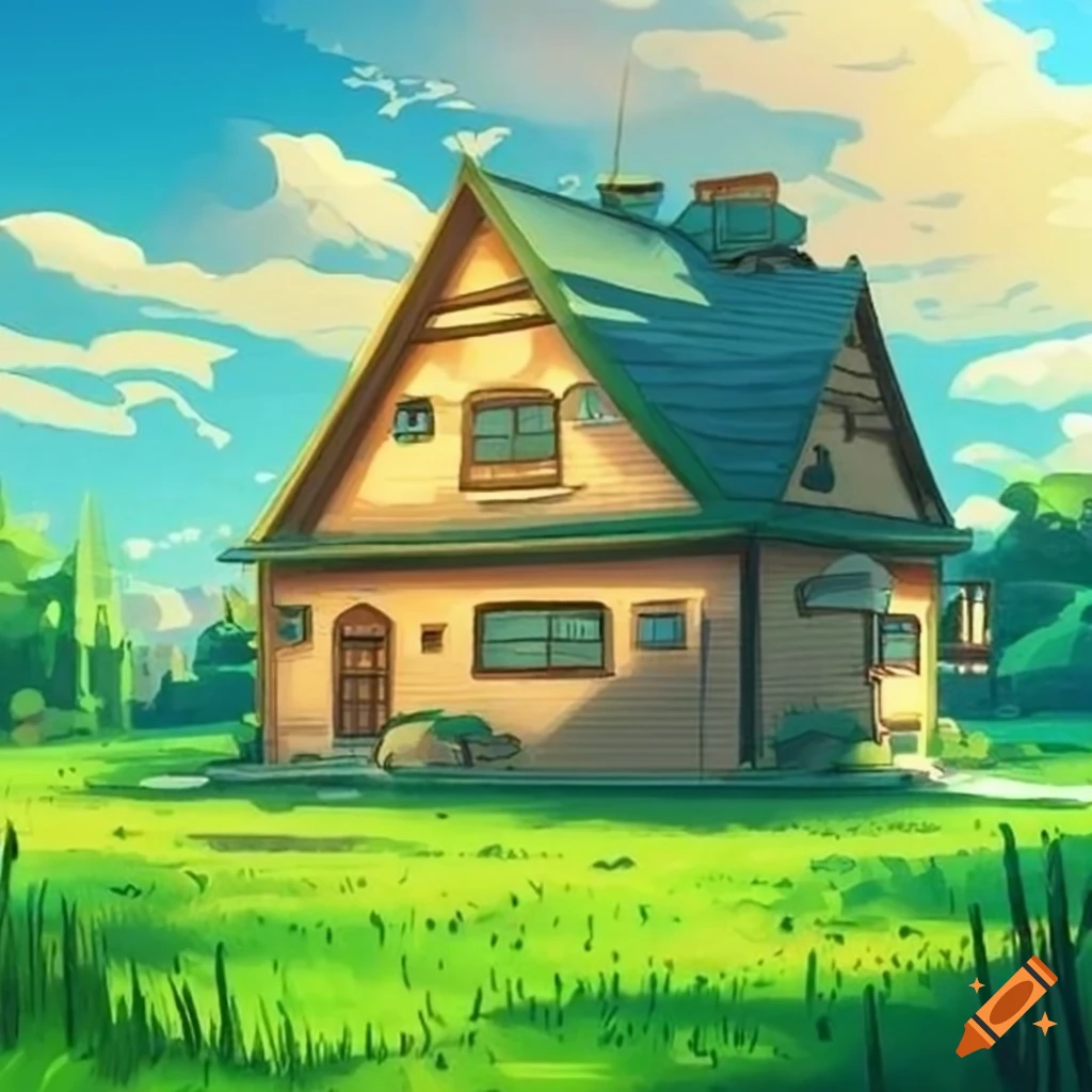 Set of detailed anime houses with green grass landscapes and sunny ...