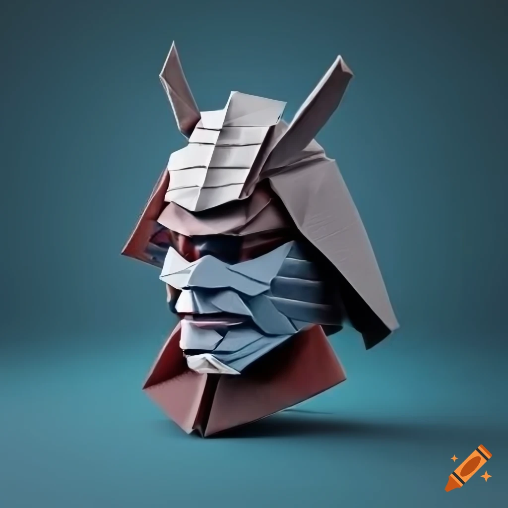 High poly origami samurai head on blue wood background on Craiyon