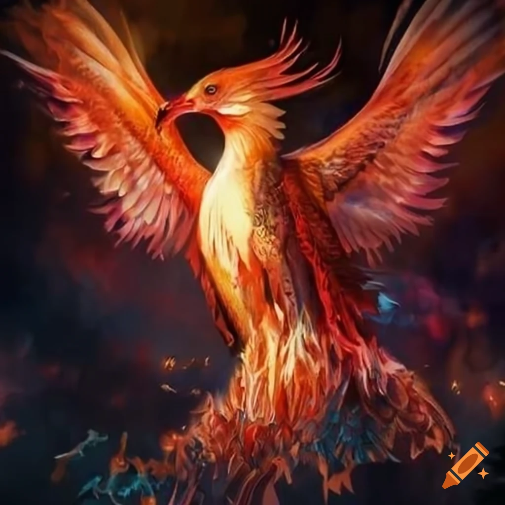 Legendary mythical bird rising from ashes with flaming glory on Craiyon