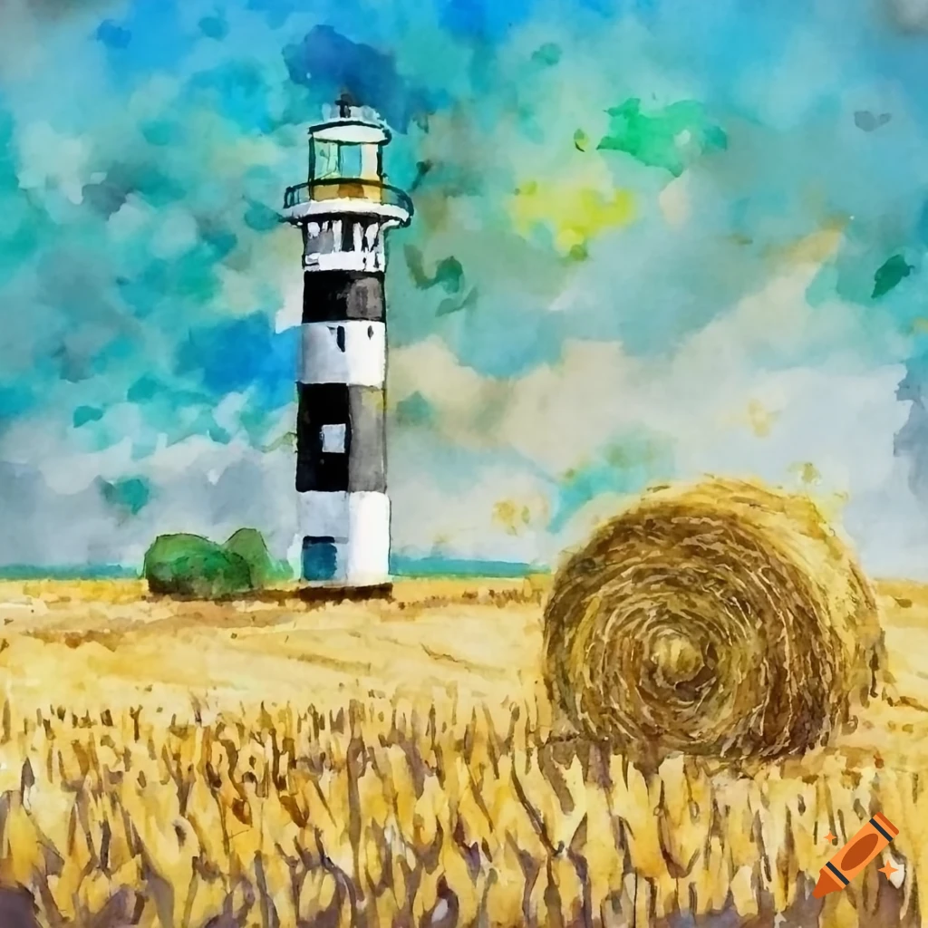Lighthouse in a golden wheat field with a hay bale on Craiyon
