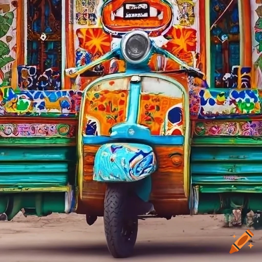 Vespa bike decorated with pakistani truck art design on Craiyon