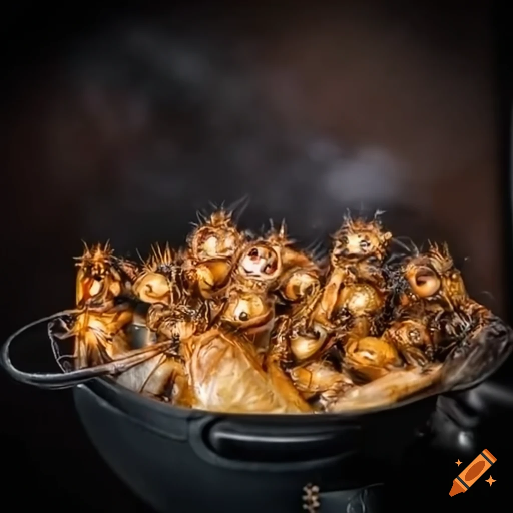 Frypan with roasting cicada heads and steam rising on Craiyon