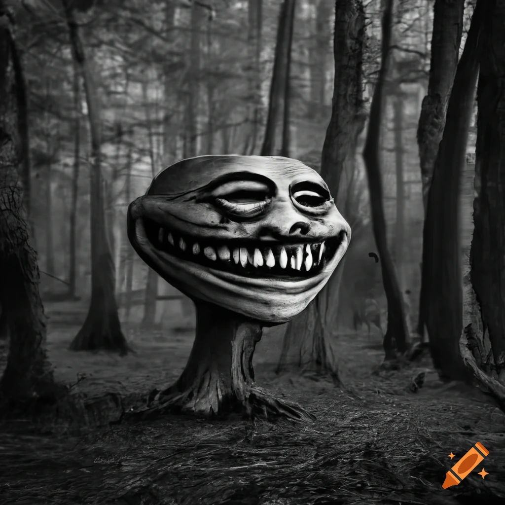 Creepy trollface in a dark forest under a static sky on Craiyon