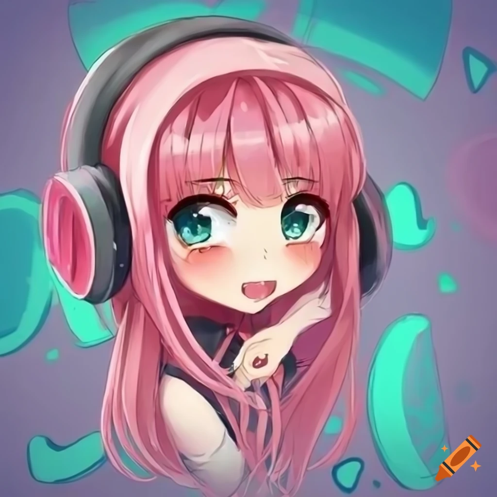 Chibi pink-haired pixy girl with headphones, winking and happy on Craiyon