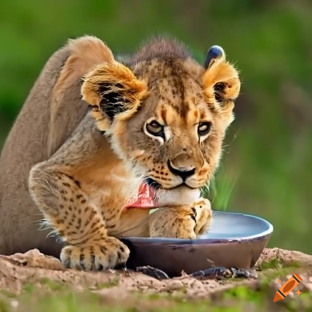 Lion cub nuzzling and enjoying its meal on a hillside on Craiyon