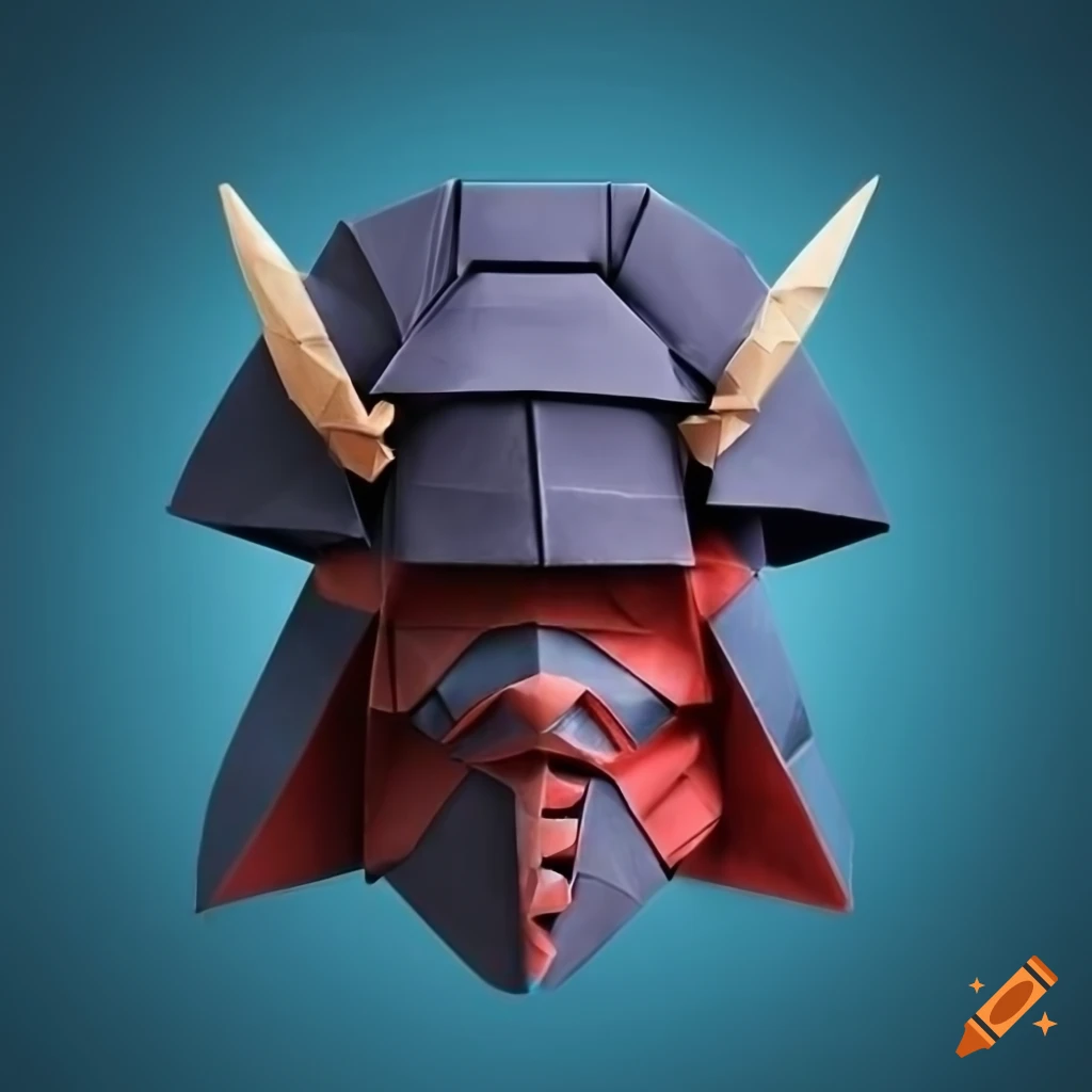 Origami samurai head on blue wood background on Craiyon