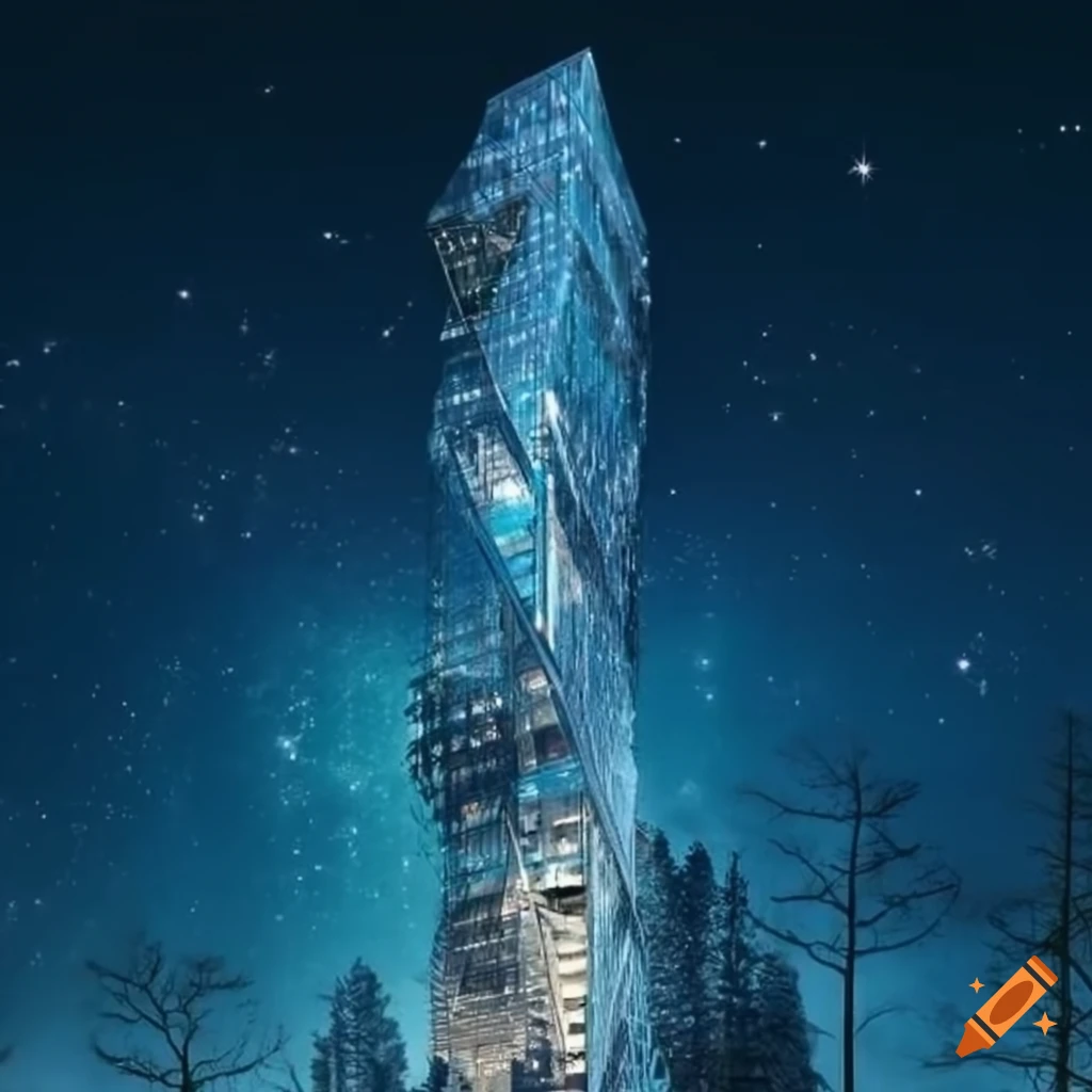 Elegant crystal skyscraper laboratory in a forest valley surrounded by ...